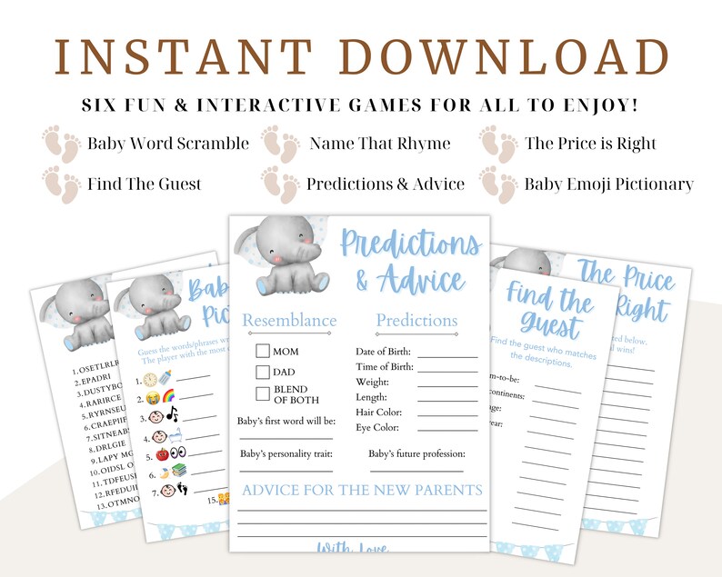 Elephant Baby Shower Games Bundle, Printable Blue Elephant Baby Shower ...