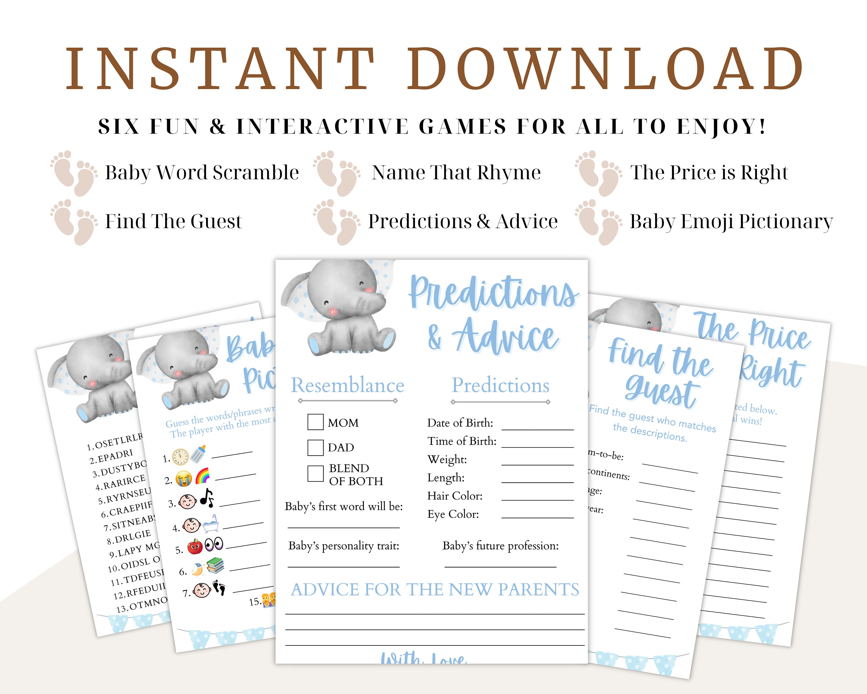 Elephant Baby Shower Games Bundle, Printable Blue Elephant Baby Shower ...