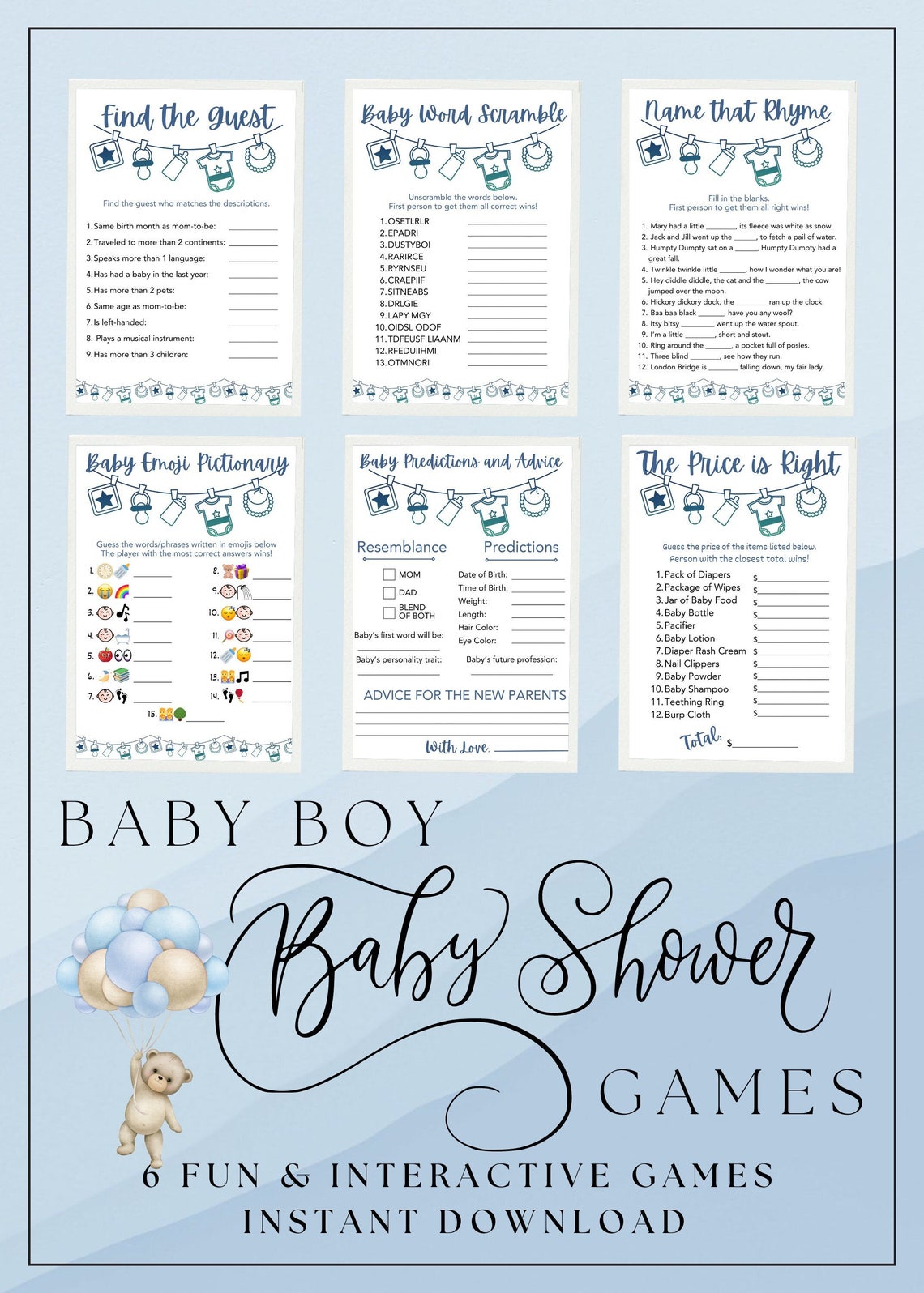 Boy Baby Shower Games Bundle, Printable Baby Shower Games, Word ...