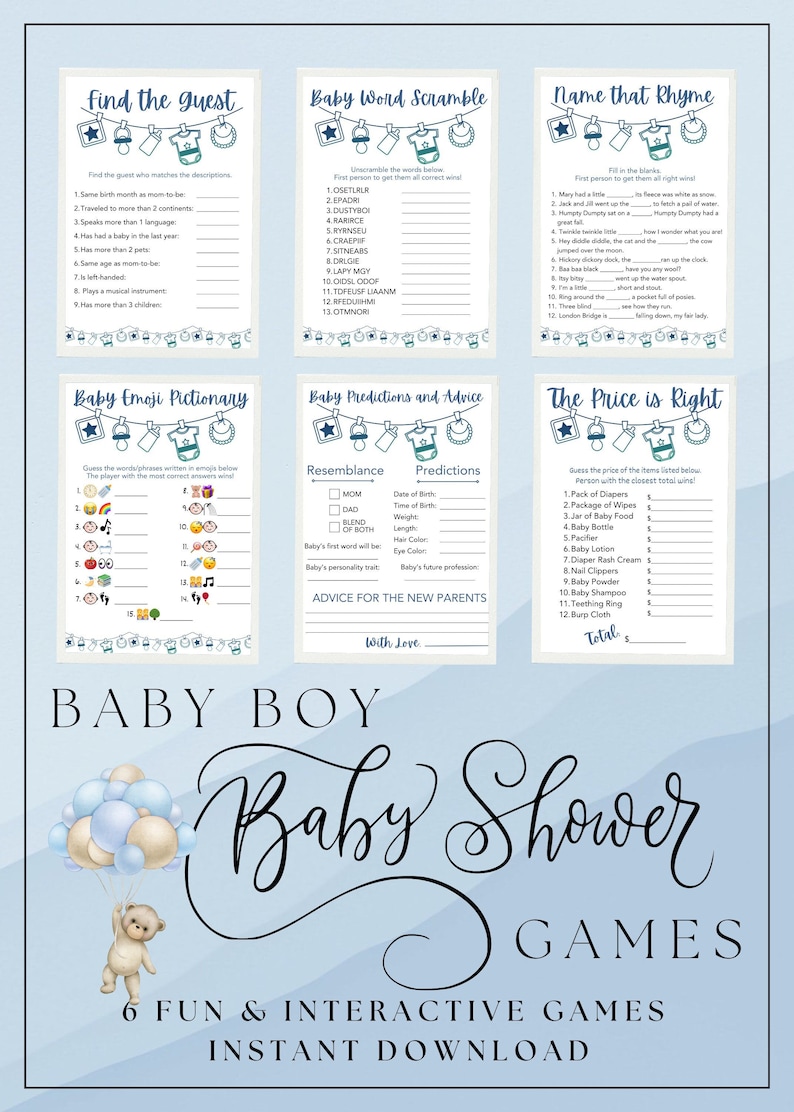 Boy Baby Shower Games Bundle, Printable Baby Shower Games, Word ...