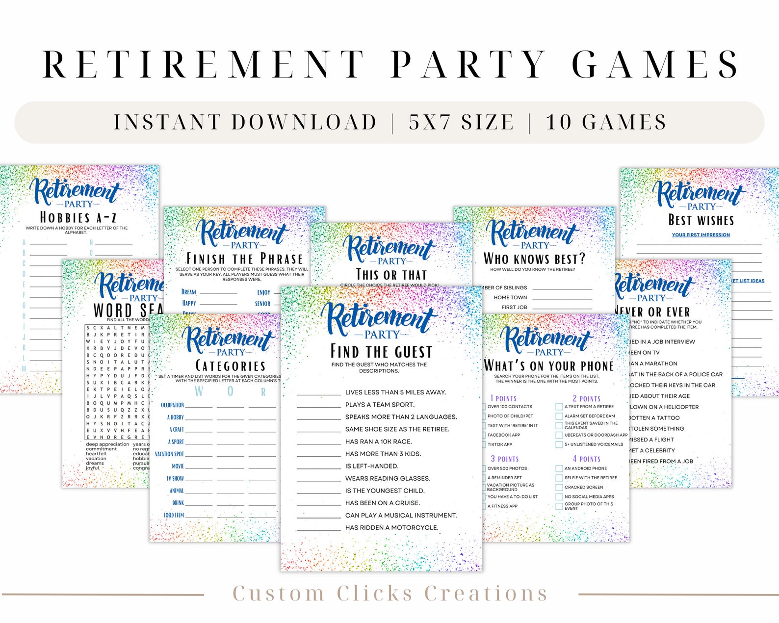 Colorful Celebrations Retirement Party Games Bundle, Printable ...