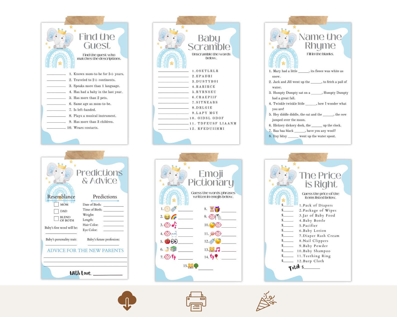 Blue Elephant Baby Shower Games Bundle, Baby Elephant Printable Games ...
