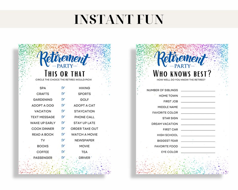 Colorful Celebrations Retirement Party Games Bundle, Printable ...