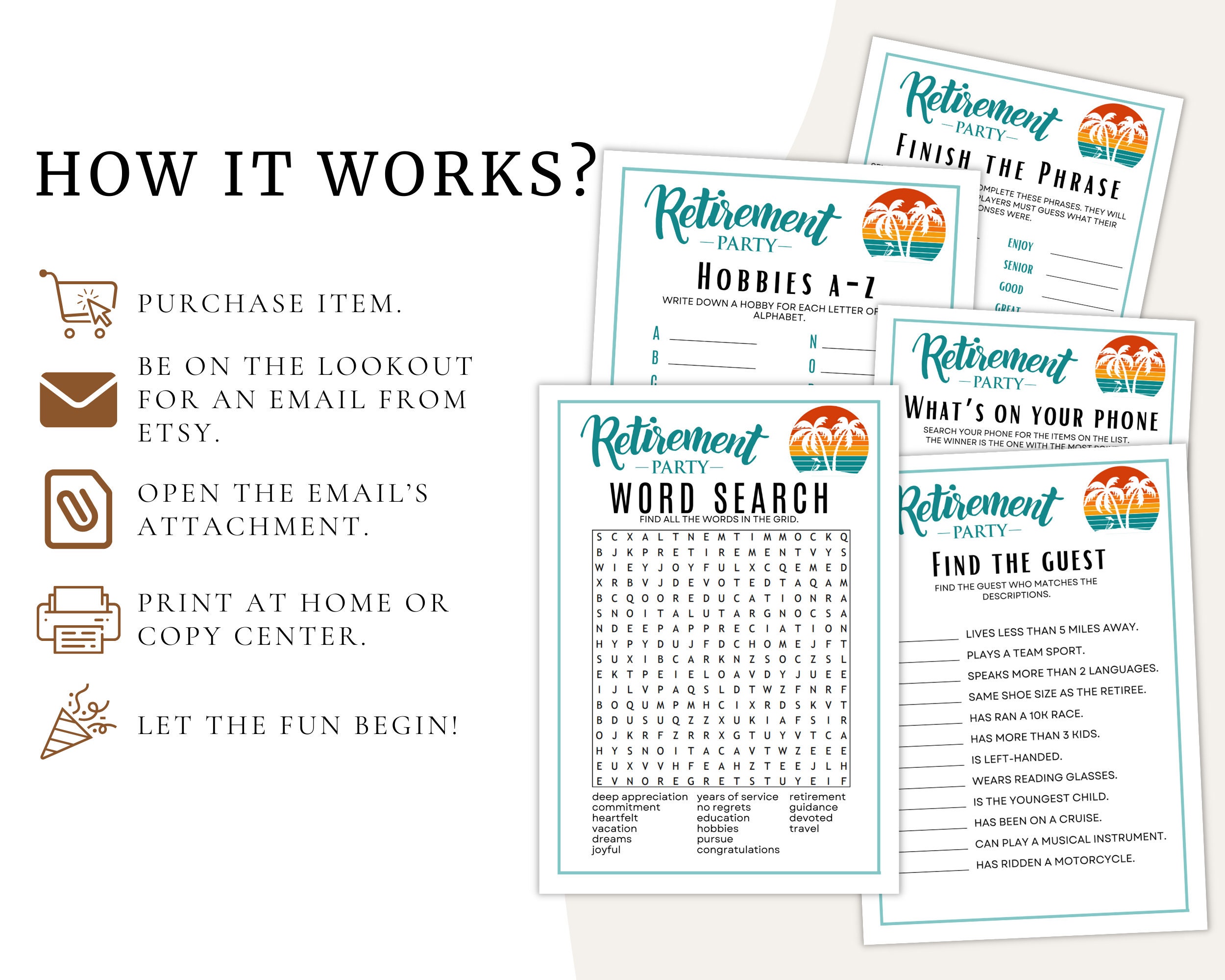 Palm Tree Retirement Party Games Bundle, Interactive Printable Games ...