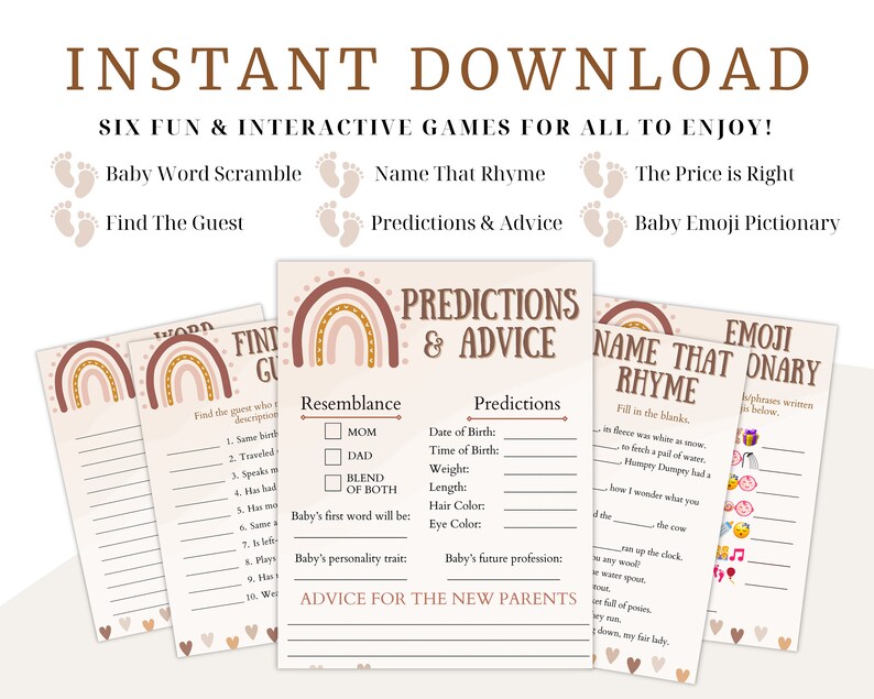 Boho Rainbow Baby Shower Games Bundle, Printable Rainbow Baby Shower ...
