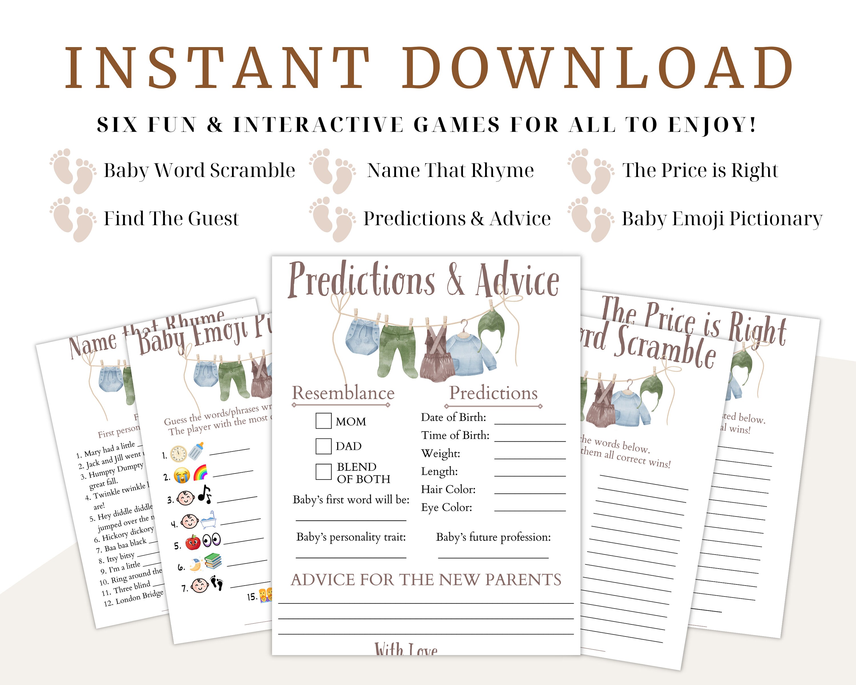 Clothesline Baby Shower Games Bundle, Printable Baby Shower Games Pack ...