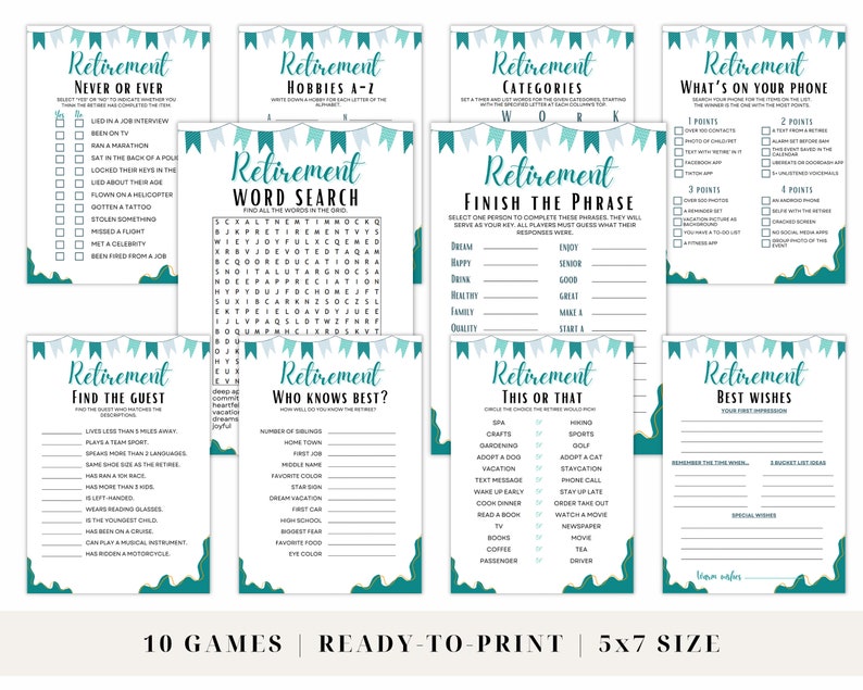 Teal Retirement Party Games Bundle, Printable Retirement Party Ideas ...