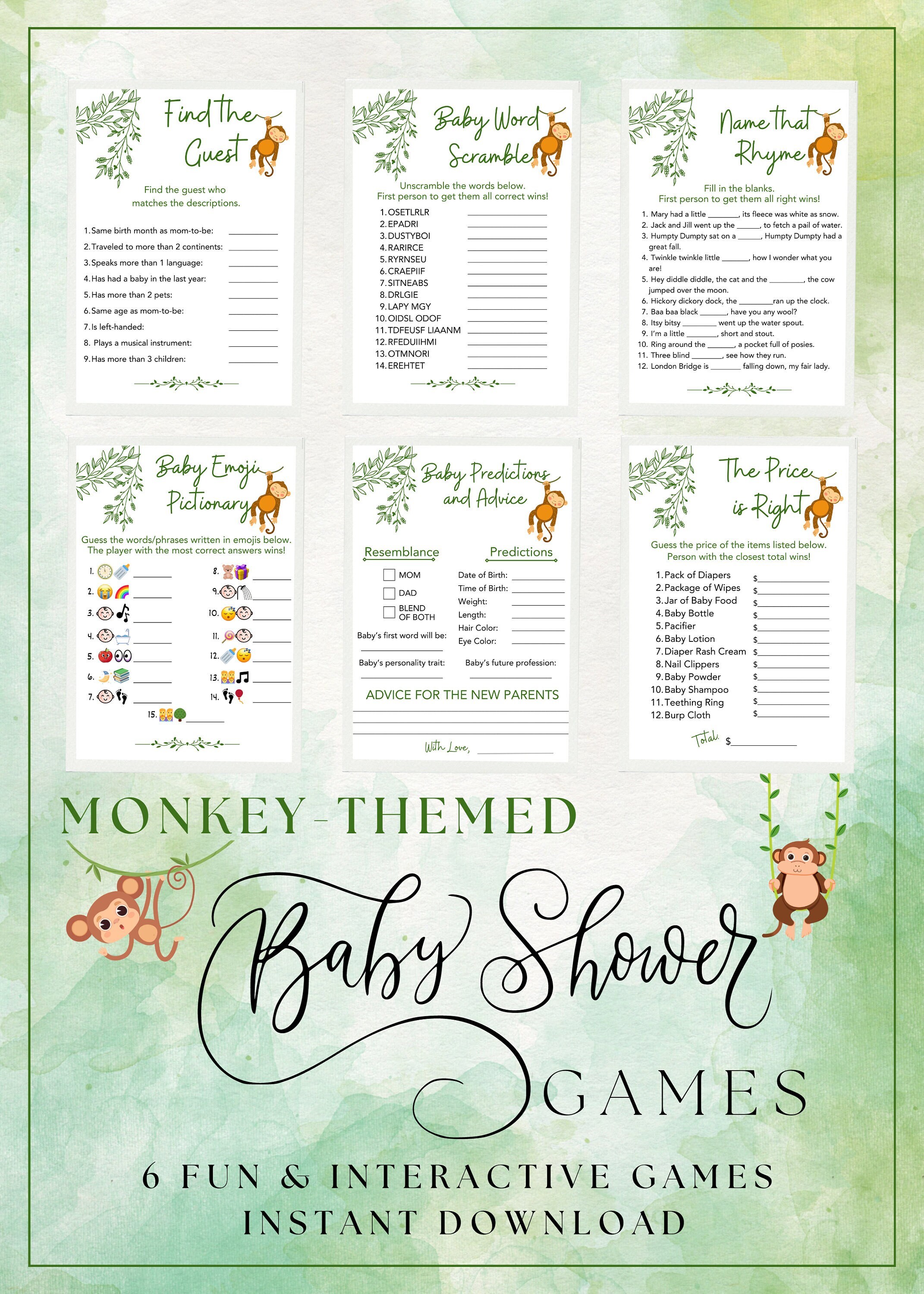 Monkey Themed Baby Shower Games Bundle, Gender Neutral Baby Shower ...