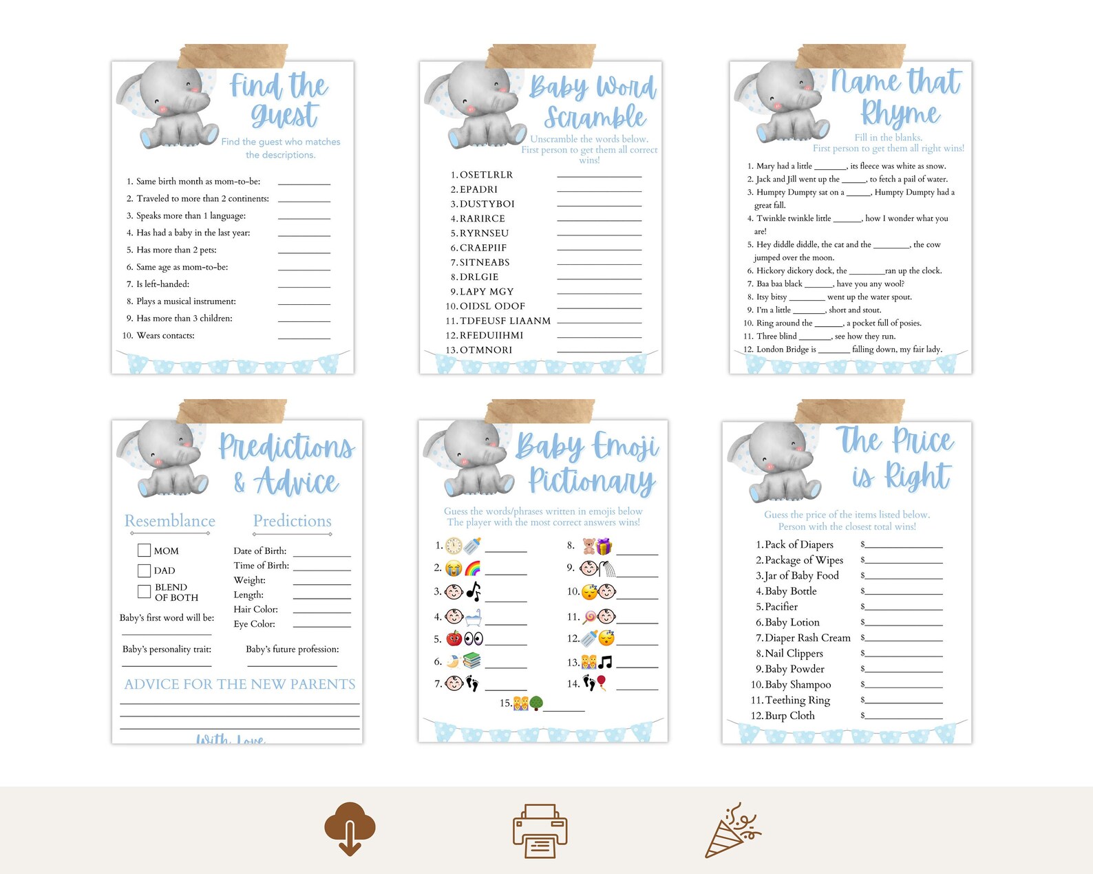 Elephant Baby Shower Games Bundle, Printable Blue Elephant Baby Shower ...