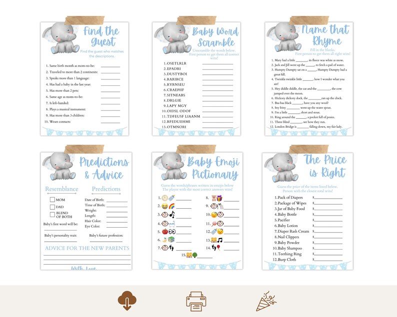 Elephant Baby Shower Games Bundle, Printable Blue Elephant Baby Shower ...