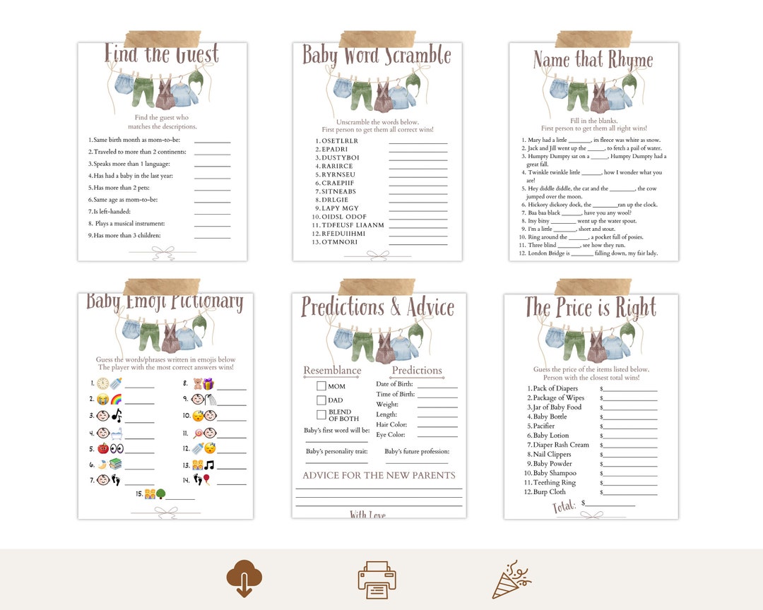 Clothesline Baby Shower Games Bundle, Printable Baby Shower Games Pack ...