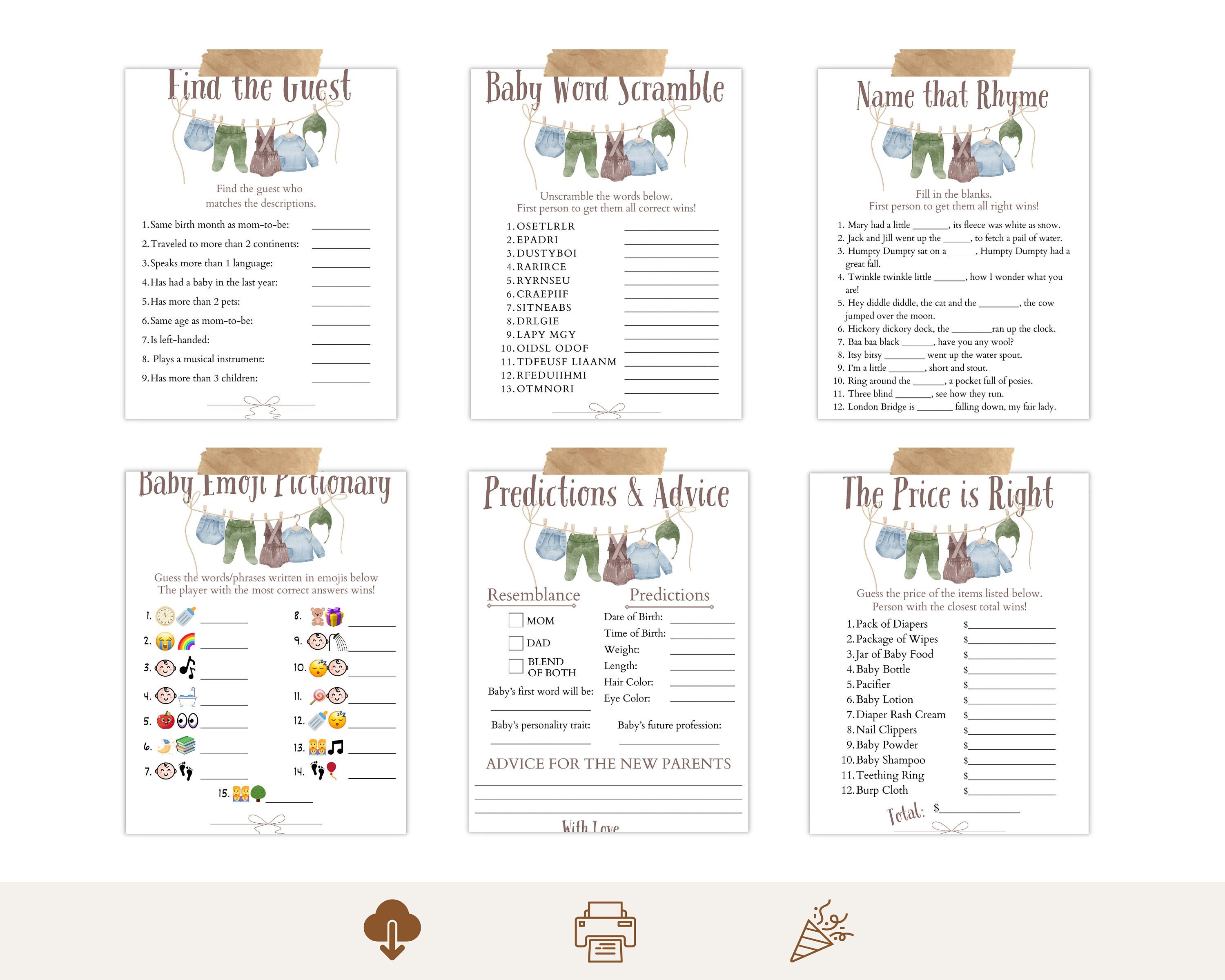 Clothesline Baby Shower Games Bundle, Printable Baby Shower Games Pack ...