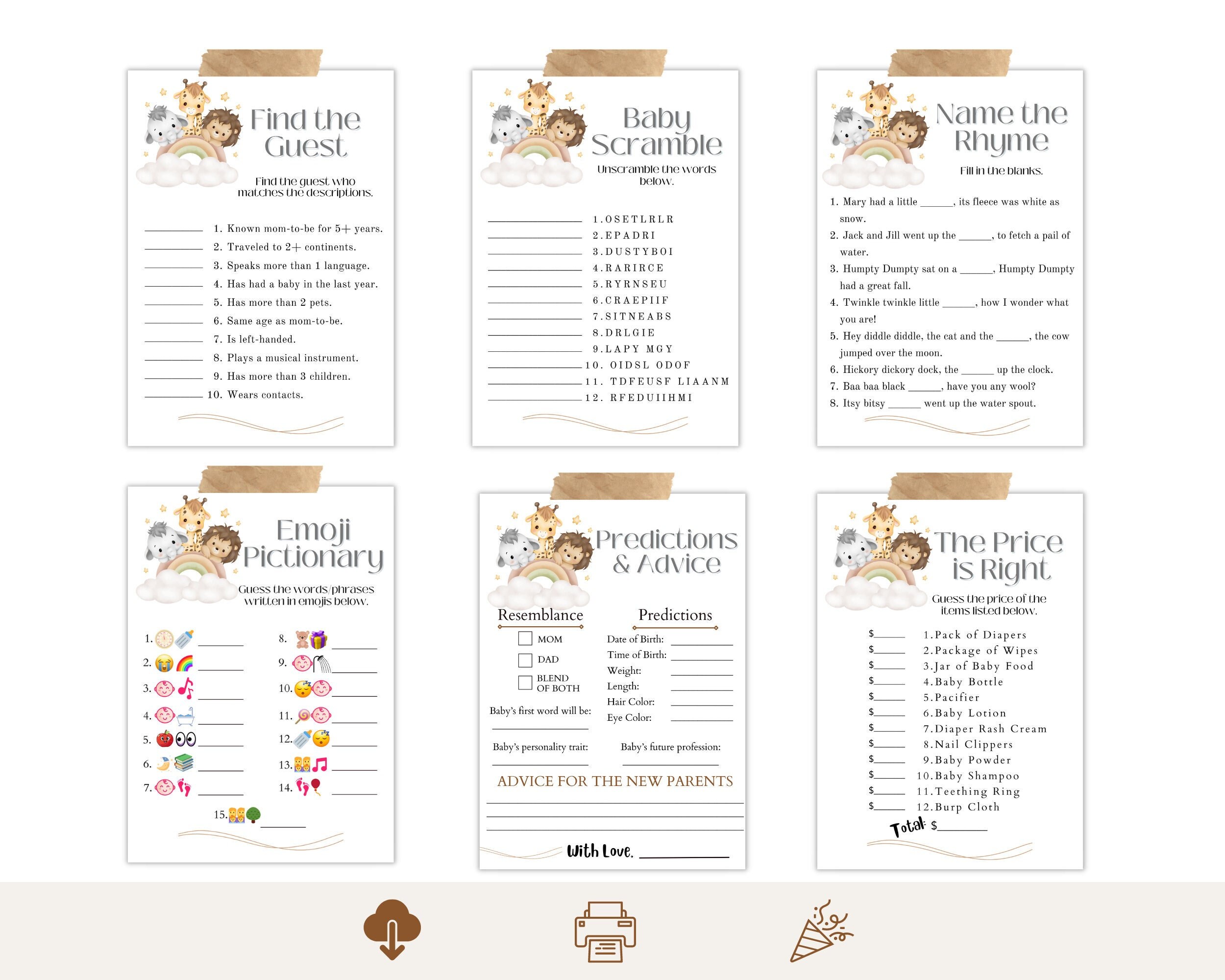 Safari Animals Baby Shower Games Bundle, Baby Animals Rainbow Printable ...