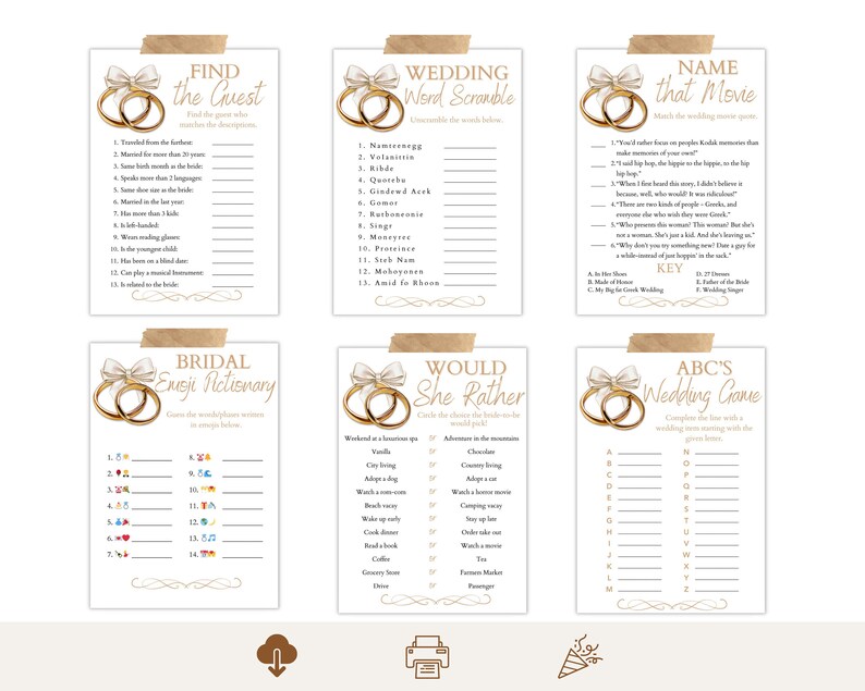 Wedding Rings Bridal Shower Games Bundle, Printable Bridal Party Games ...