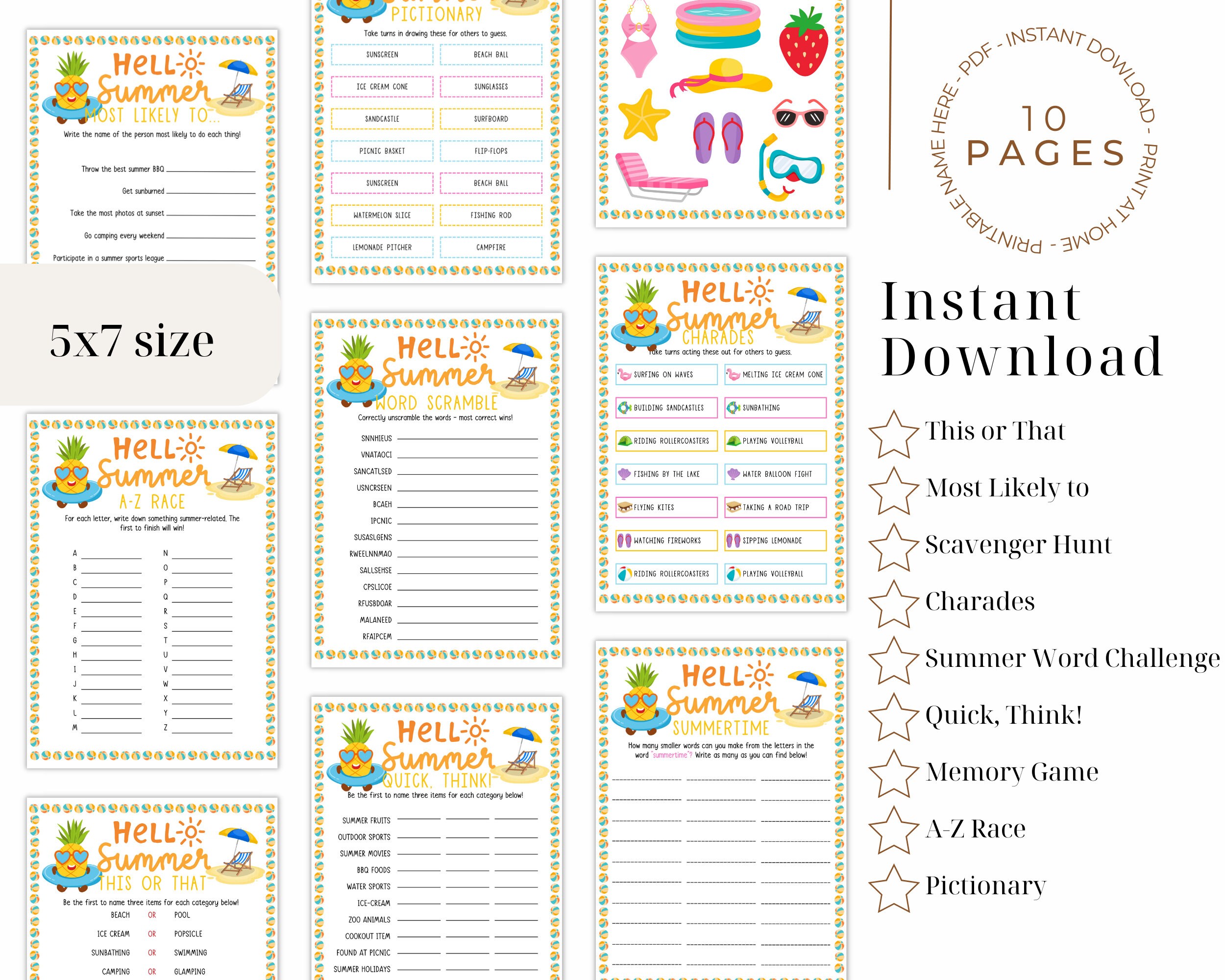 Hello Summer Party Games Bundle, Beach Party Games Set, Summer ...