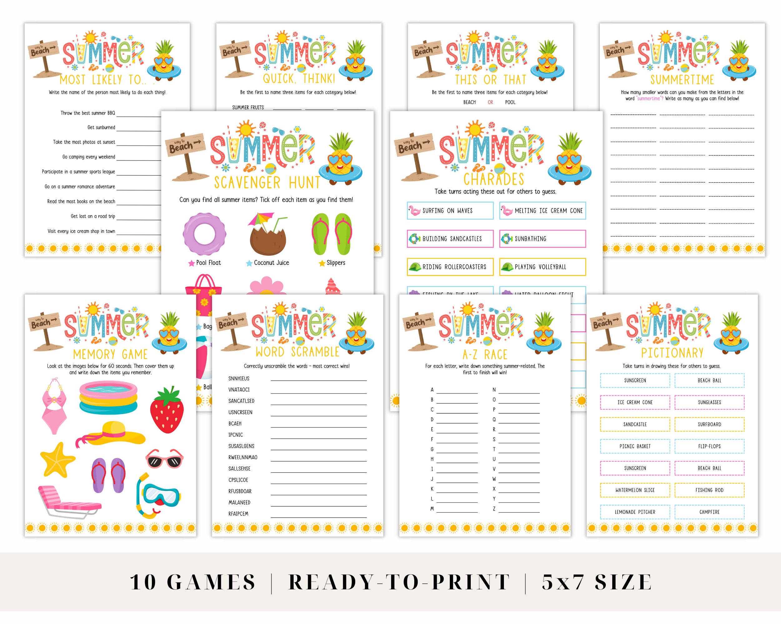 Beach Bound Summer Party Games Bundle, Printable Games, Summer ...