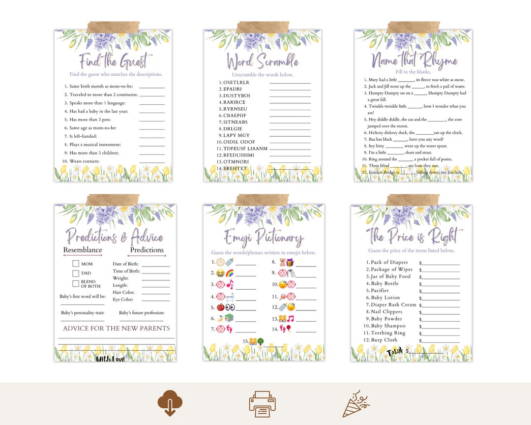 Gender Neutral Spring Floral Baby Shower Games Bundle, Printable Flower ...