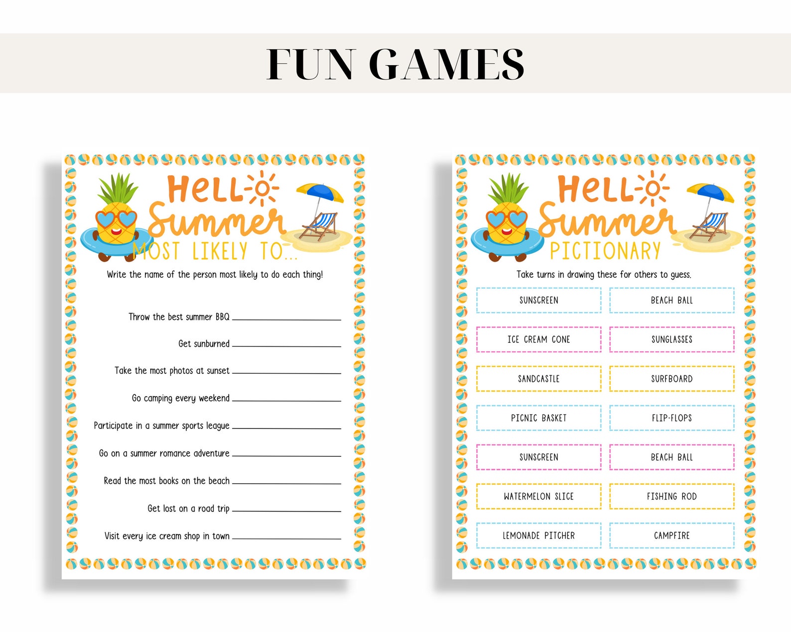 Hello Summer Party Games Bundle, Beach Party Games Set, Summer ...