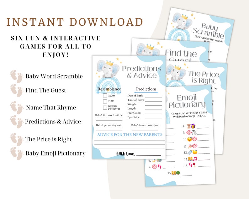 Blue Elephant Baby Shower Games Bundle, Baby Elephant Printable Games ...
