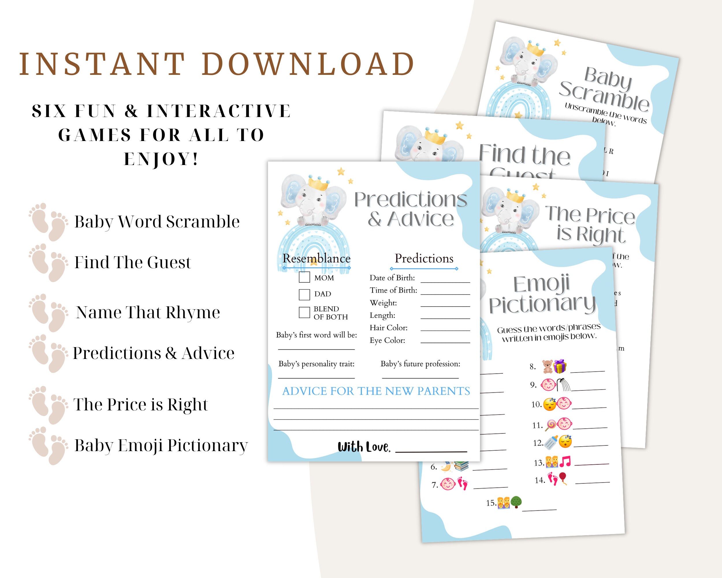 Blue Elephant Baby Shower Games Bundle, Baby Elephant Printable Games ...