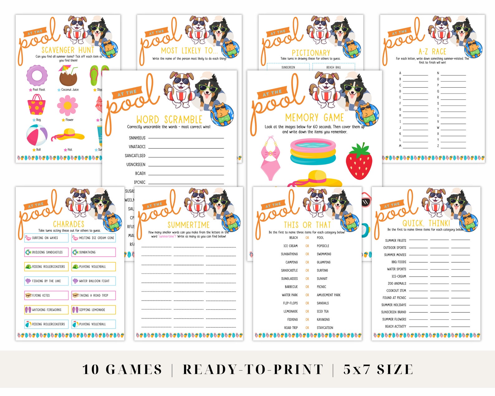 Summer Pool Party Games Bundle, Printable Pool Party Activities Set ...