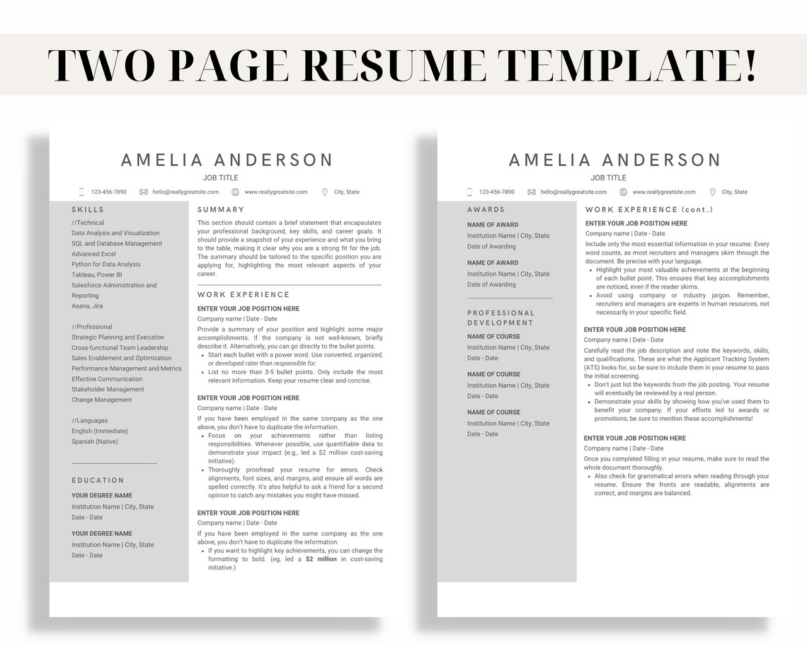 Clean Resume Template Canva, One Page Resume, Editable Professional ...