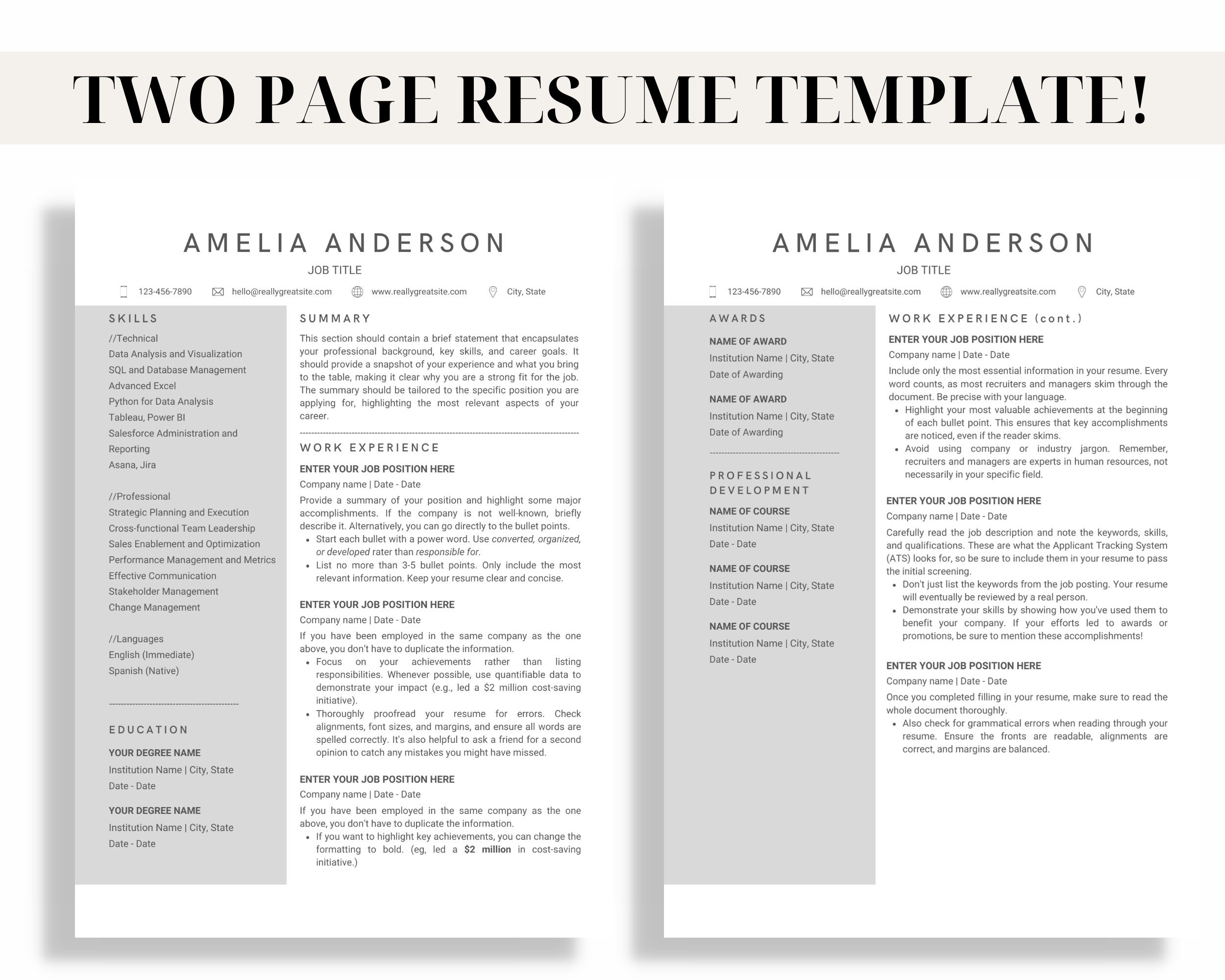 Clean Resume Template Canva, One Page Resume, Editable Professional ...