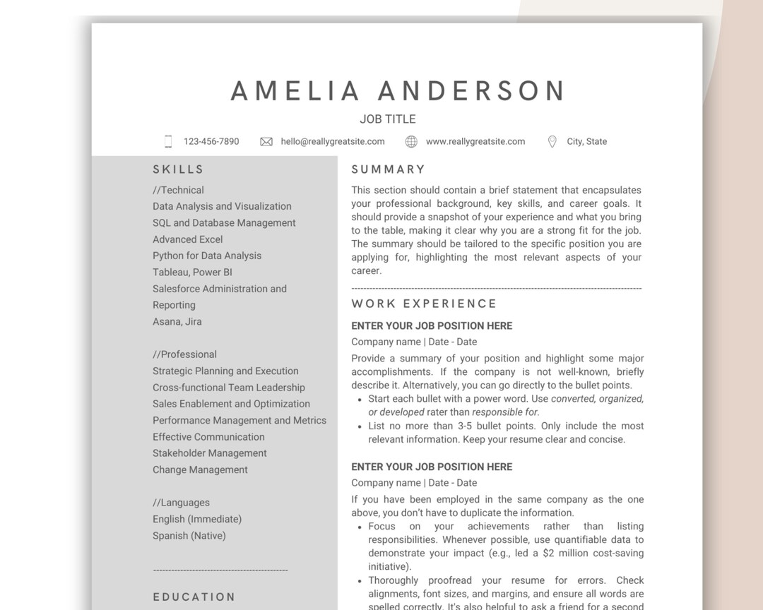 Clean Resume Template Canva, One Page Resume, Editable Professional ...
