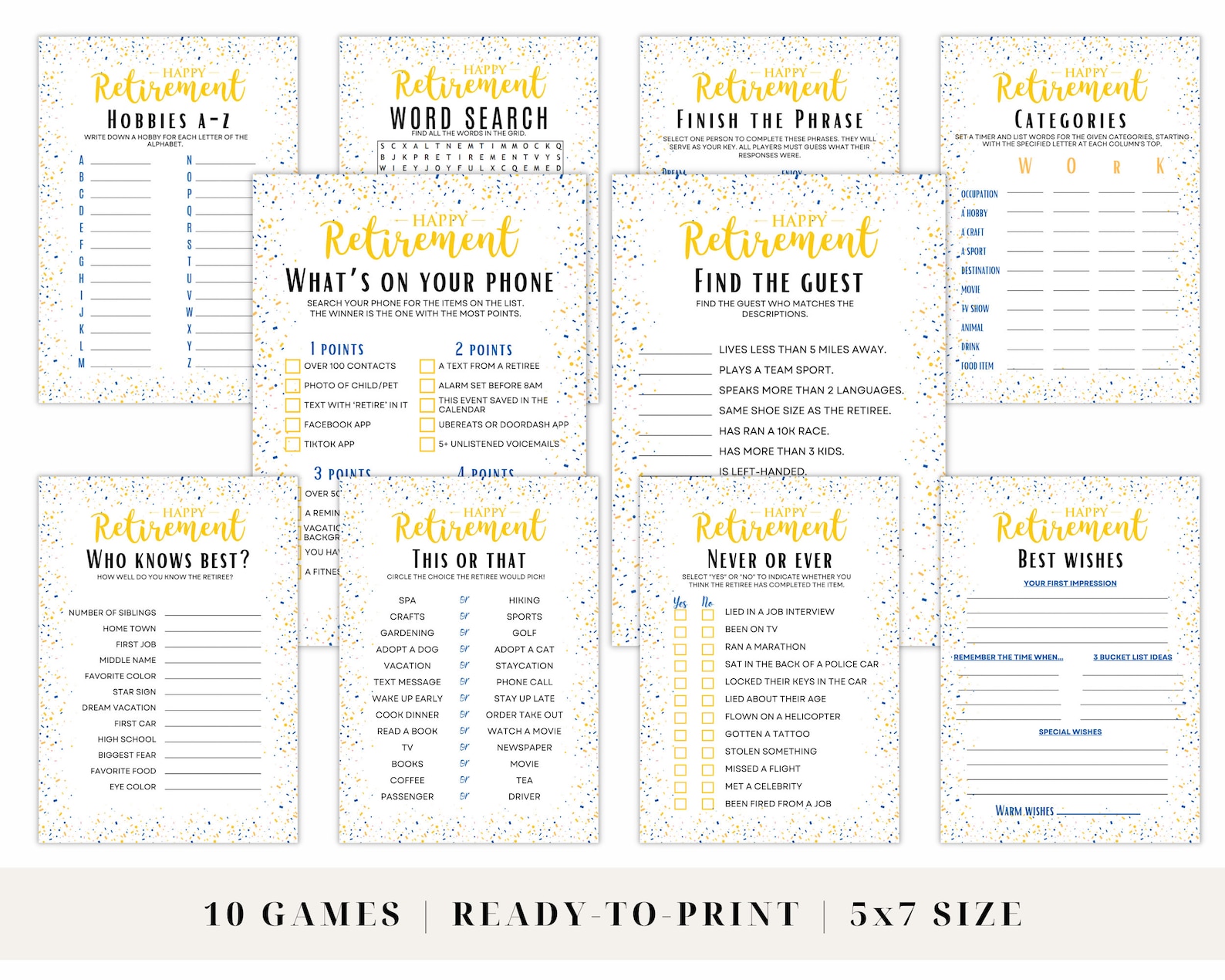 Confetti Retirement Party Games Bundle, Fun Printable Activities for ...
