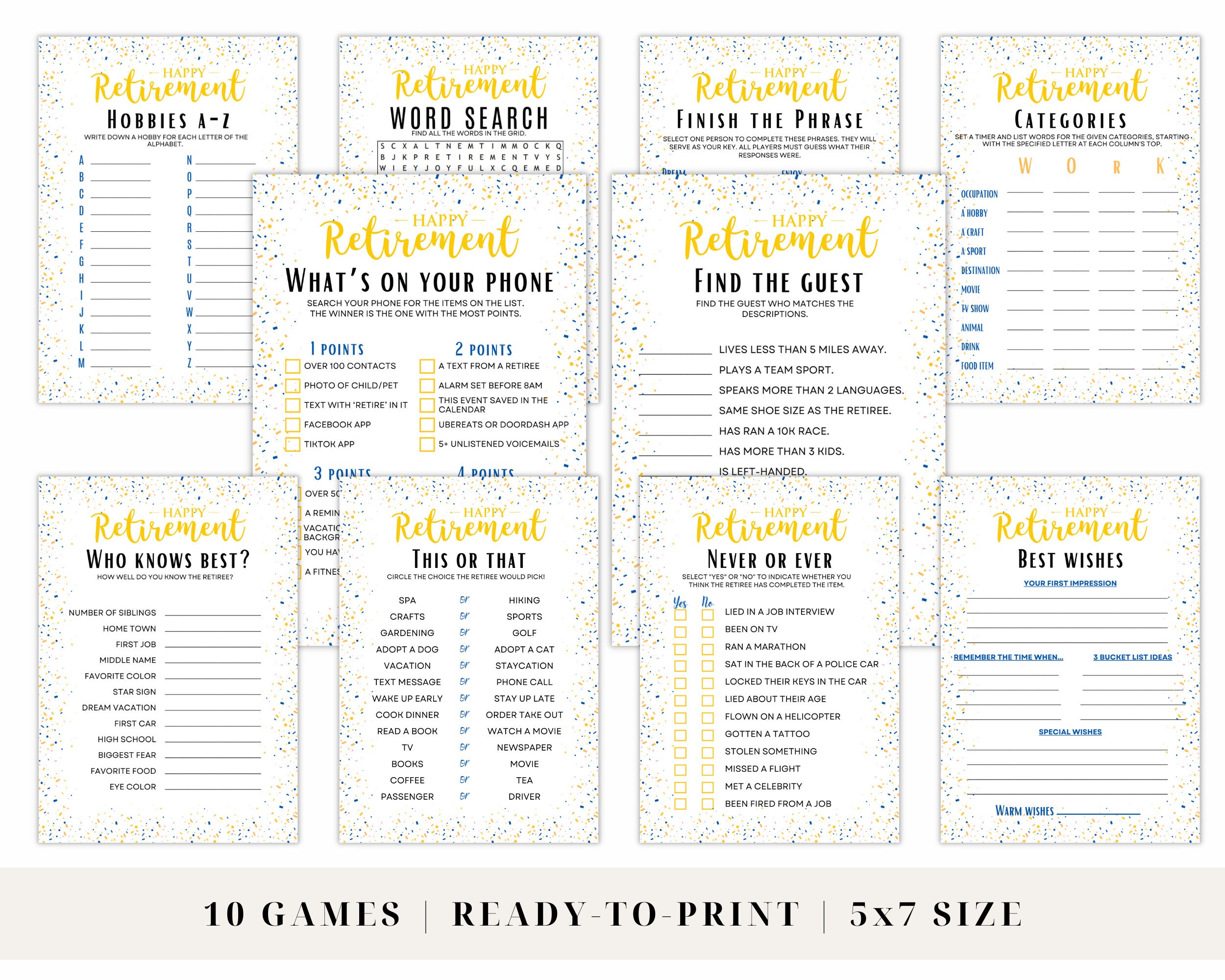 Confetti Retirement Party Games Bundle, Fun Printable Activities for ...