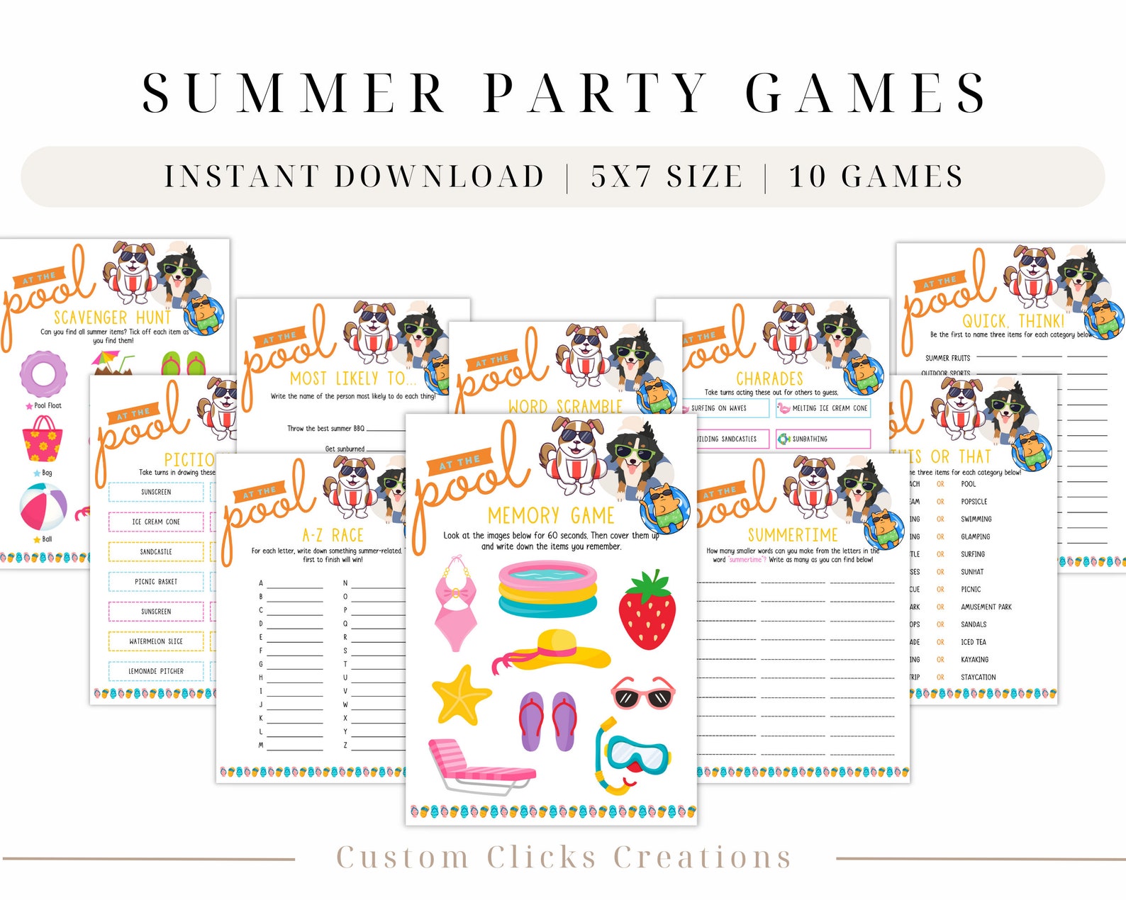 Summer Pool Party Games Bundle, Printable Pool Party Activities Set ...