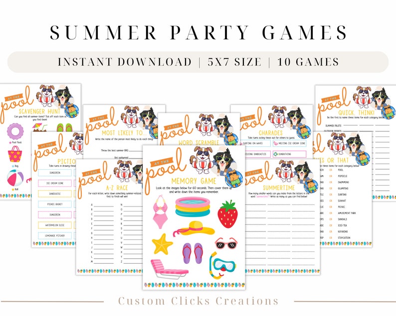 Summer Pool Party Games Bundle, Printable Pool Party Activities Set ...