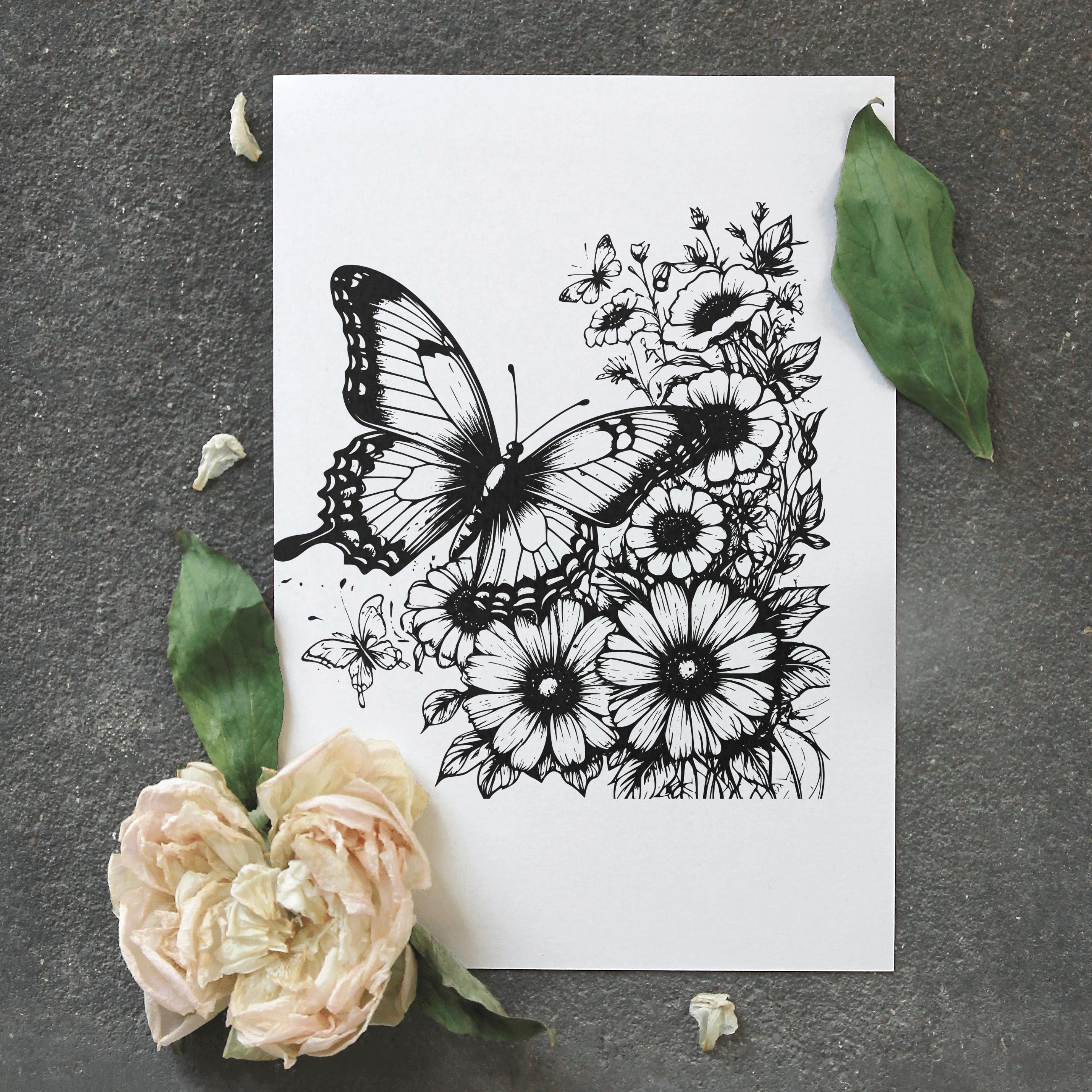 Butterfly and Flowers Vector Design (SVG, PNG, JPEG Digital Download ...