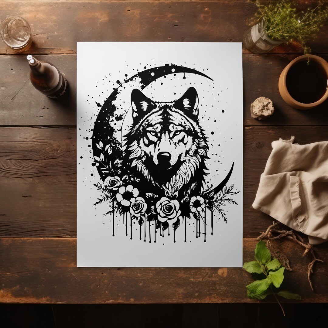 Beautiful Wolf, Moon and Flowers Vector Design. SVG, PNG and JPEG ...