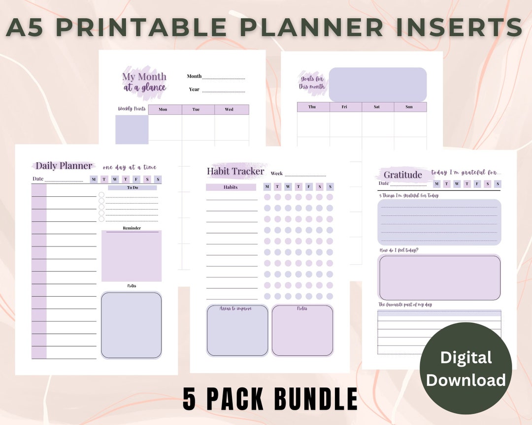 A5 Printable Planner Inserts| 5 Pack Bundle| Monthly Planner|daily ...