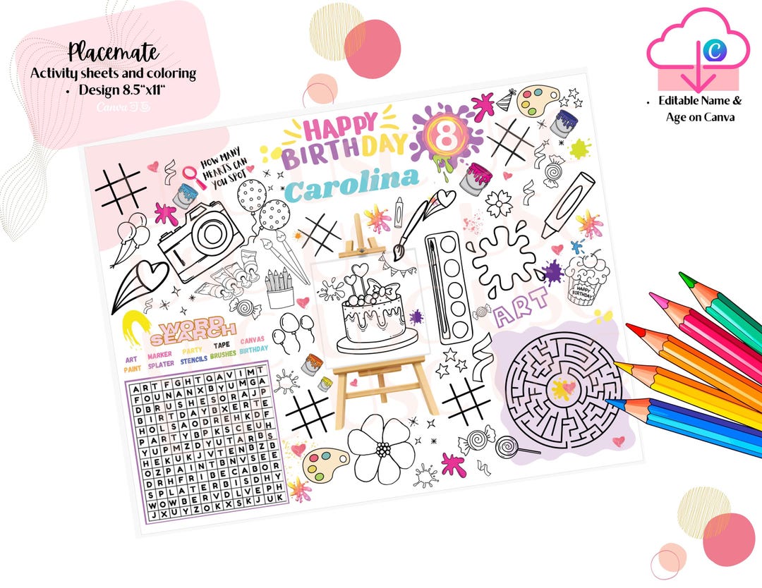 Paint Party Birthday Coloring Placemat: Editable Art Activity (digital ...