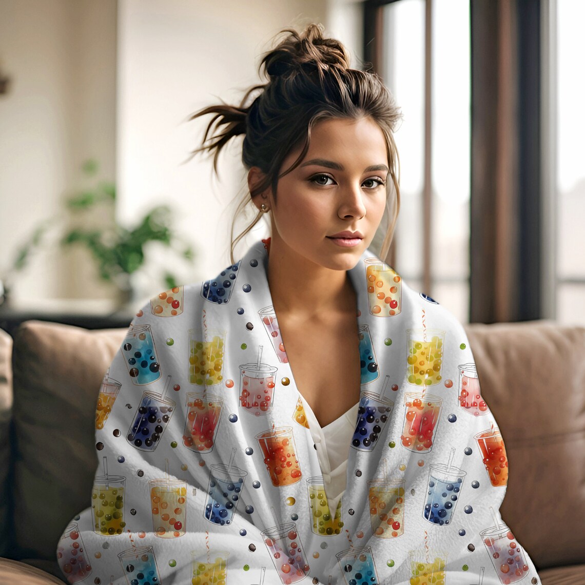 Bubble Tea Plush Blanket Soft & Cozy Blanket for Women, Colorful Style ...