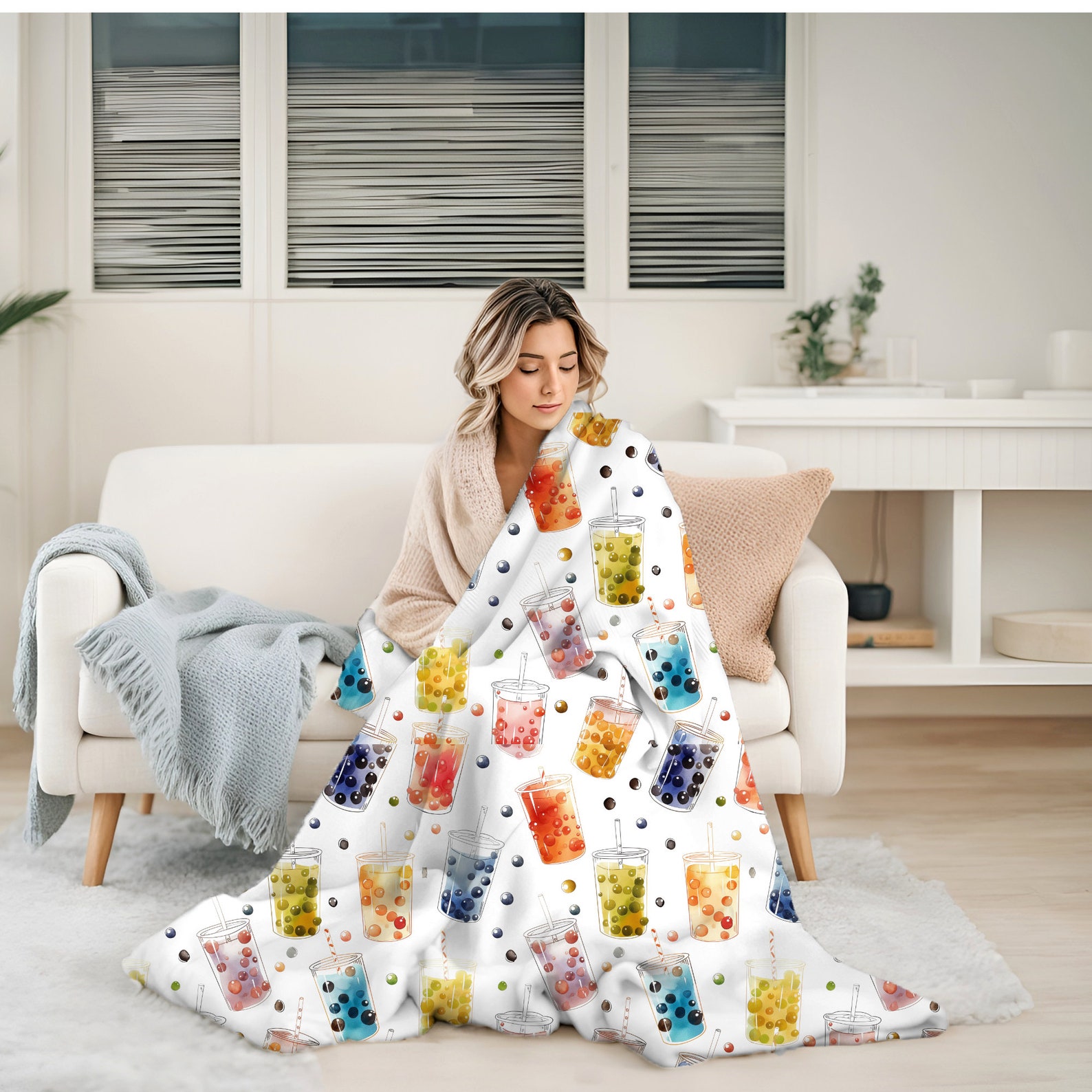 Bubble Tea Plush Blanket Soft & Cozy Blanket for Women, Colorful Style ...