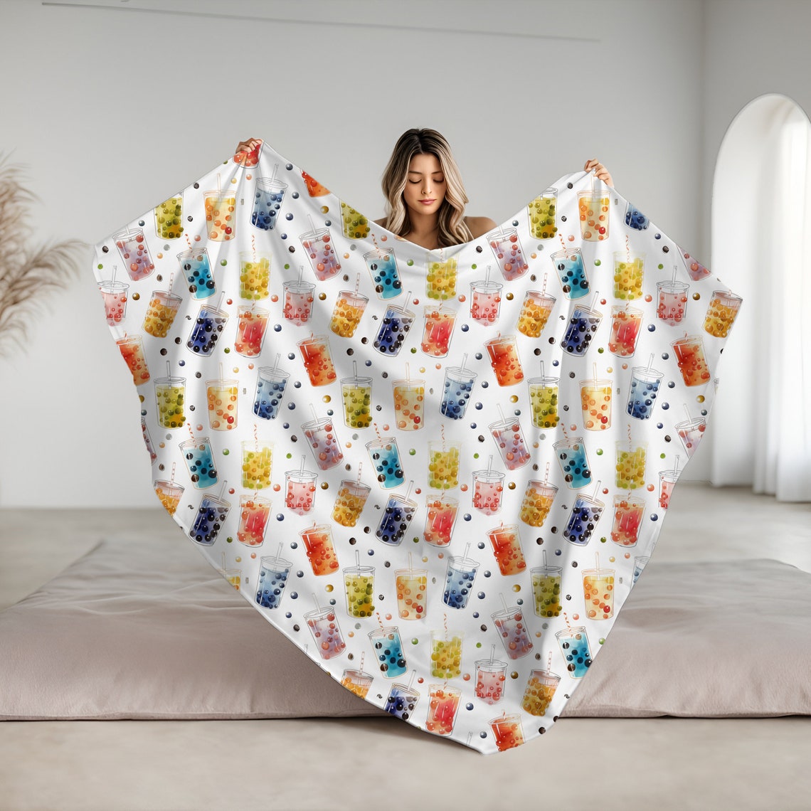 Bubble Tea Plush Blanket Soft & Cozy Blanket for Women, Colorful Style ...