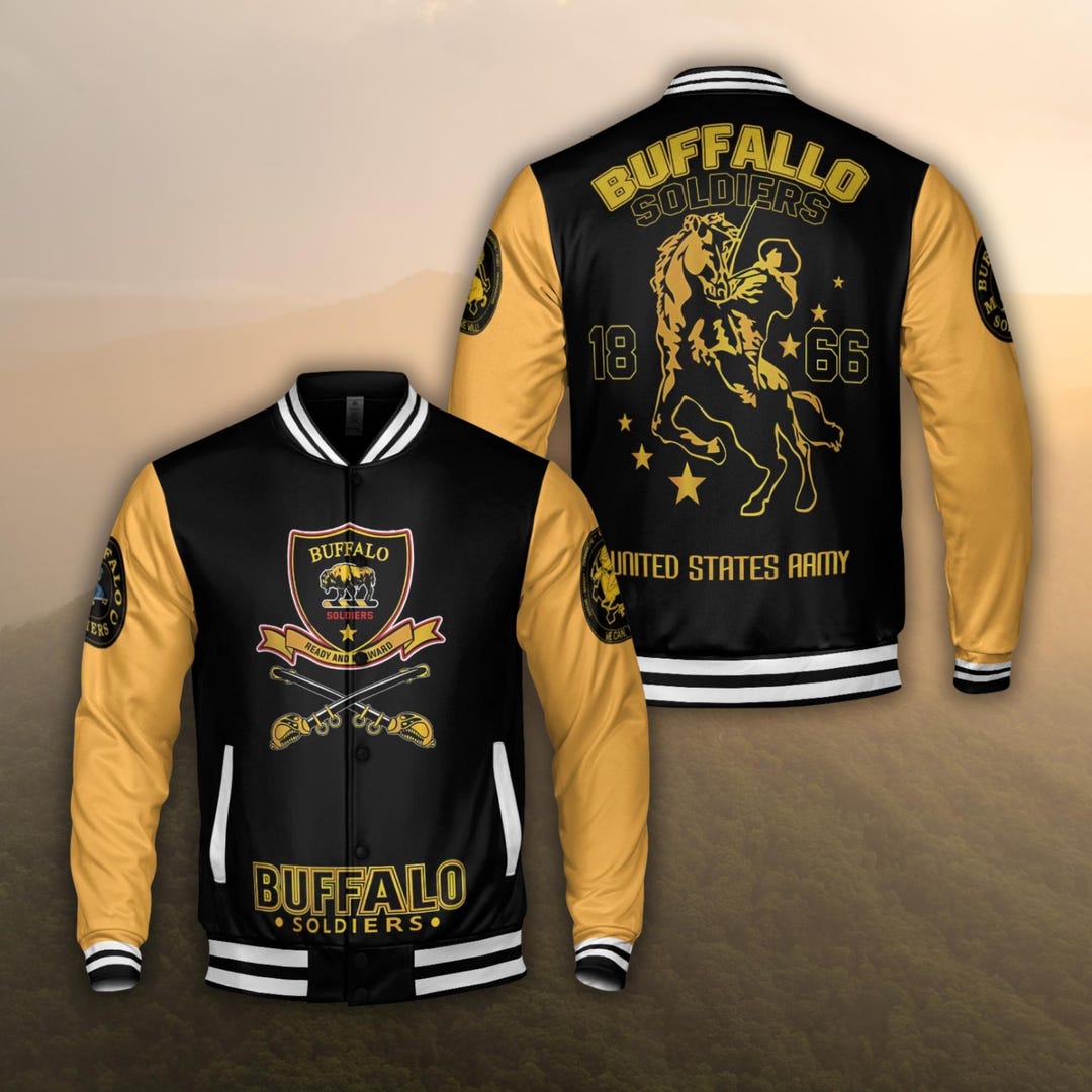 Buffalo Soldiers U.S. Army Varsity Jacket – Black Gold Bomber With 1866 ...
