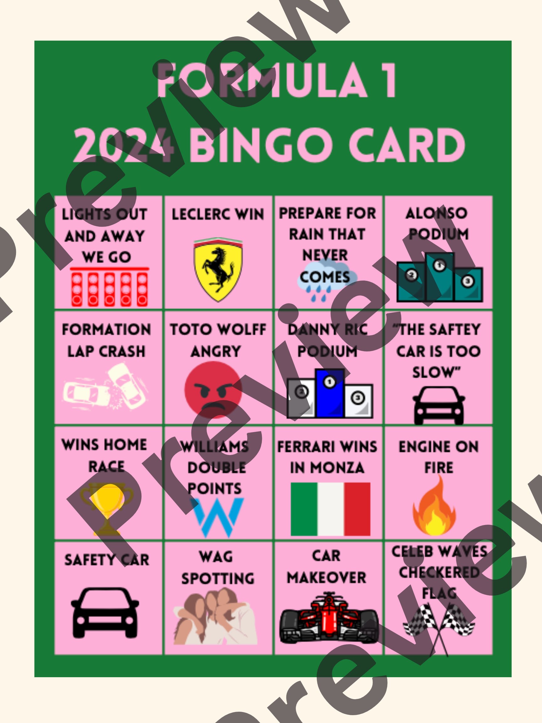 Formula 1 2024 Bingo Cards - Etsy