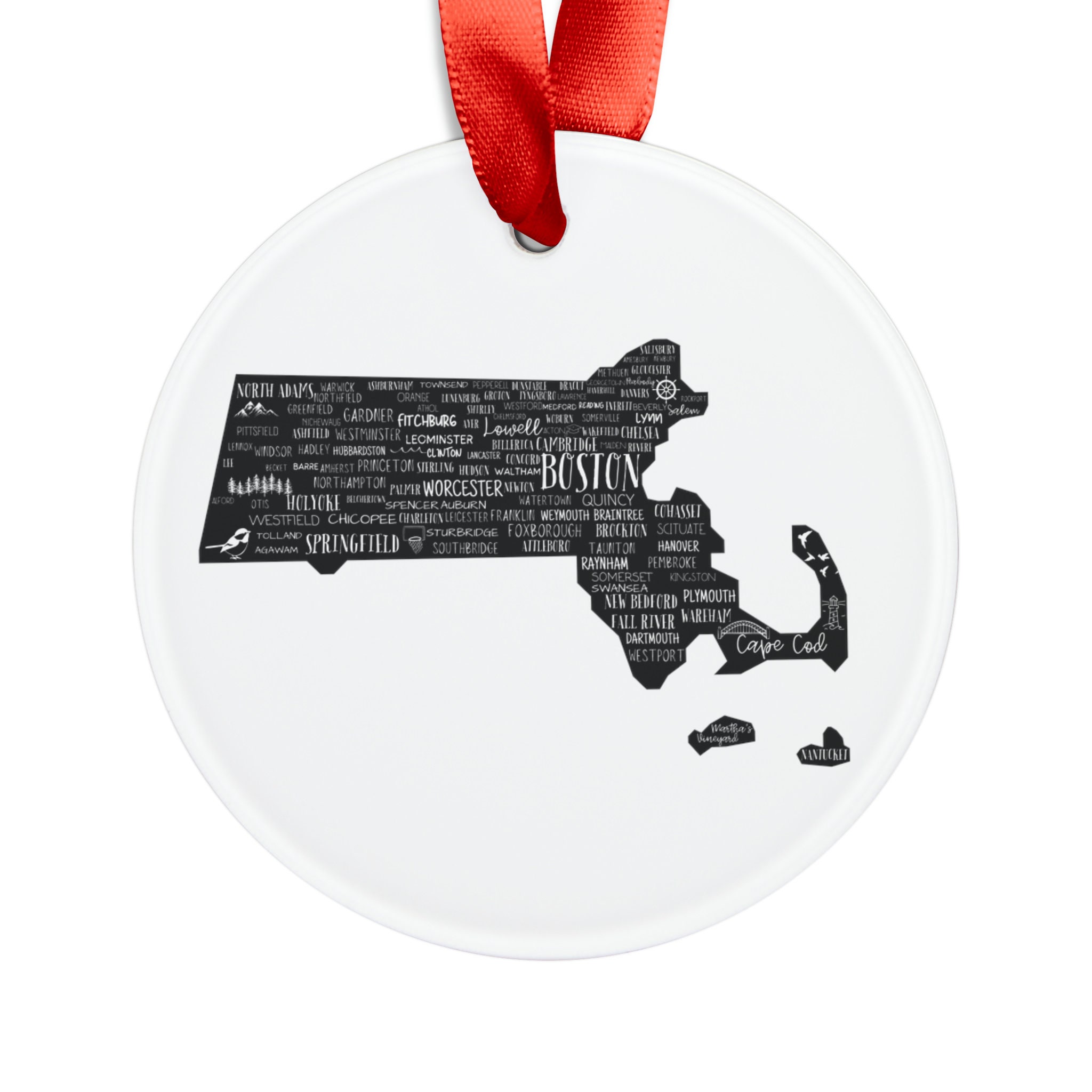 Massachusetts Town Names Art Acrylic Ornament With Ribbon ...