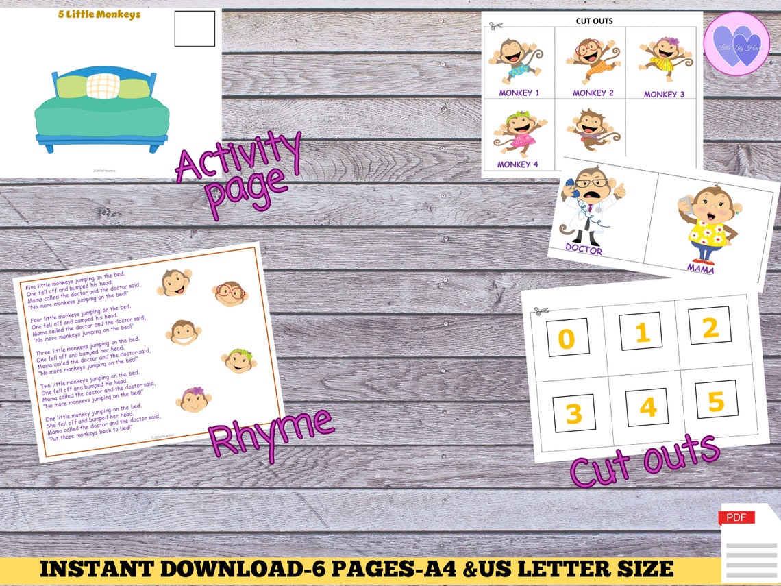 Five Little Monkeys Printable Nursery Rhyme Song Activity - Etsy