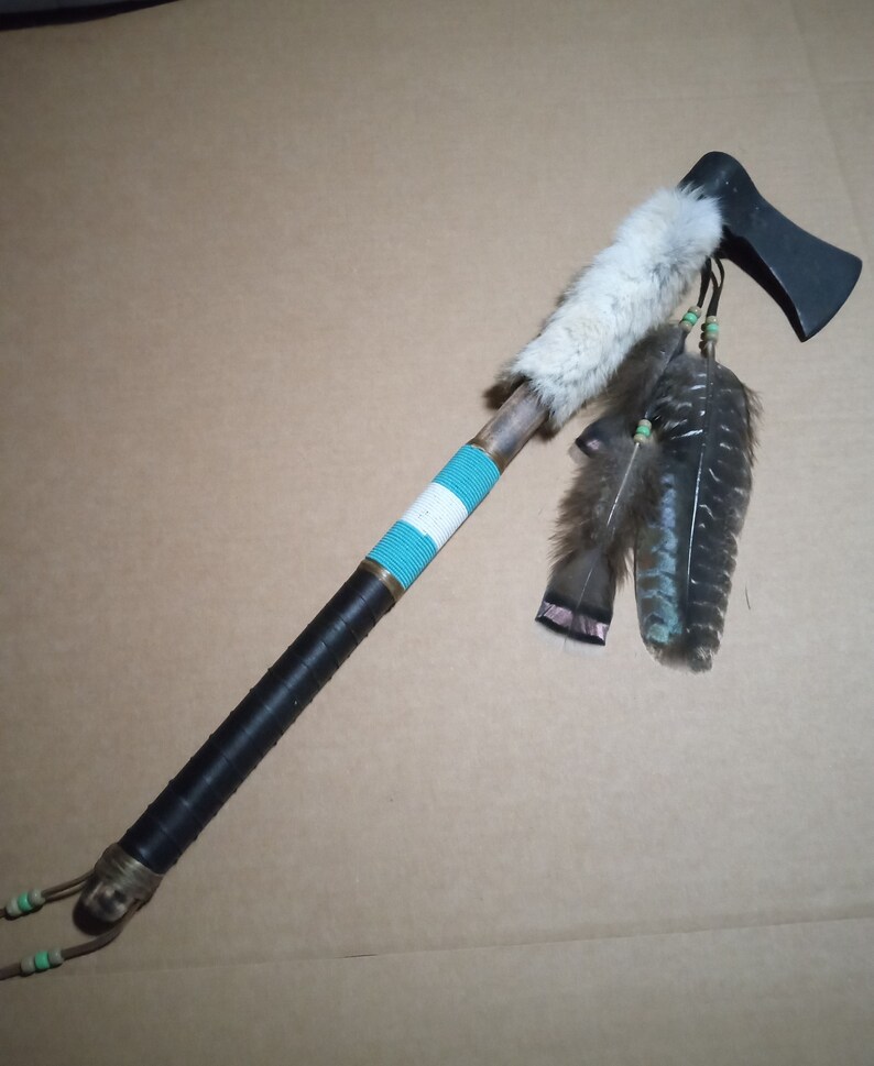 Decorative Metal Tomahawk Axe Wrapped With Beaded Roll, Leather, Fur ...