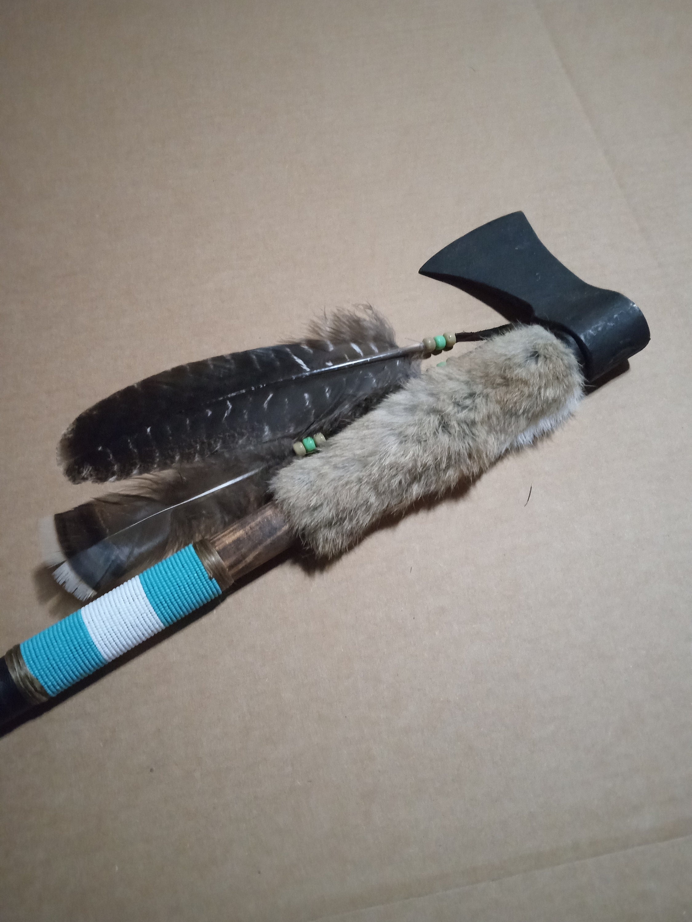 Decorative Metal Tomahawk Axe Wrapped With Beaded Roll, Leather, Fur ...