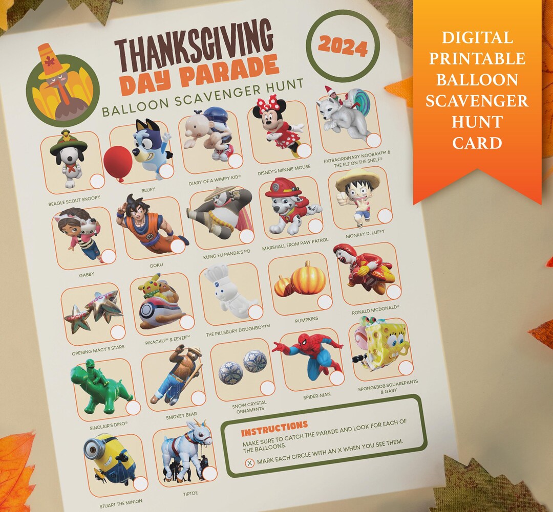 Digital Printable Thanksgiving Day Parade Balloon Scavenger Hunt 2024 ...