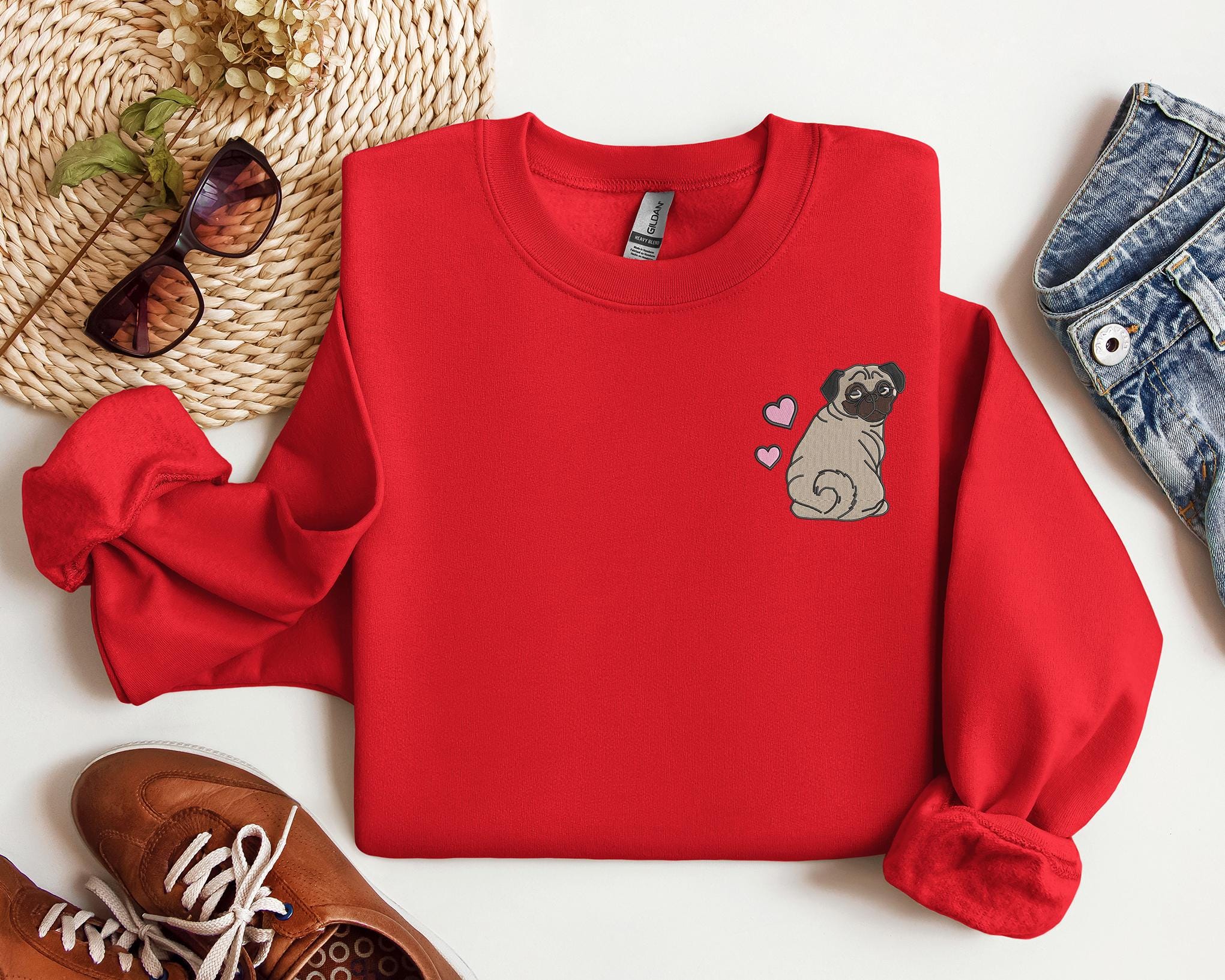Pug Embroidered Sweatshirt, Dog Lovers Crewneck Sweatshirt, Cute Pug ...