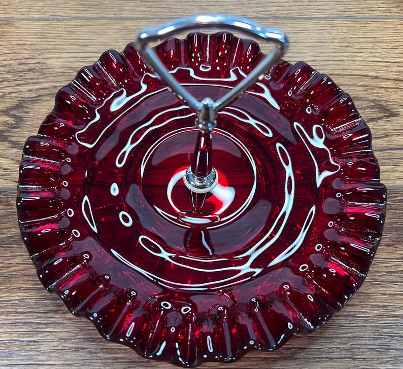 Vintage Fenton Ruby Red Ruffled Serving Plate With Silver Handle 8 ...