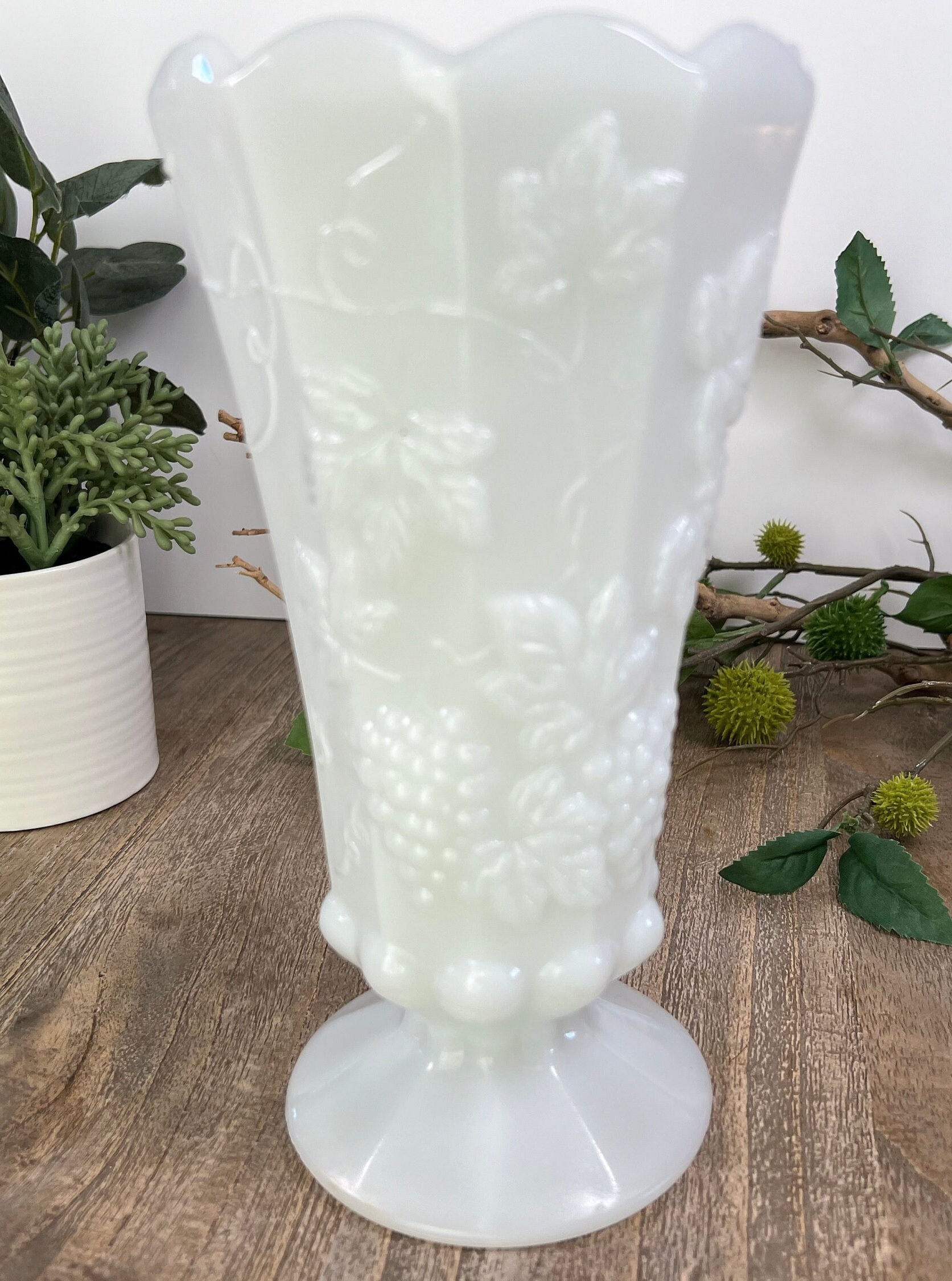 Vintage 9 White Milk Glass Vase Grape and Leaf Design - Etsy