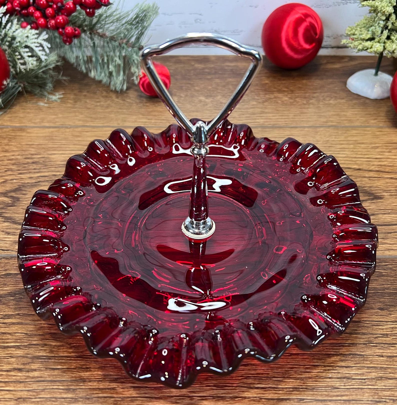 Vintage Fenton Ruby Red Ruffled Serving Plate With Silver Handle 8 ...